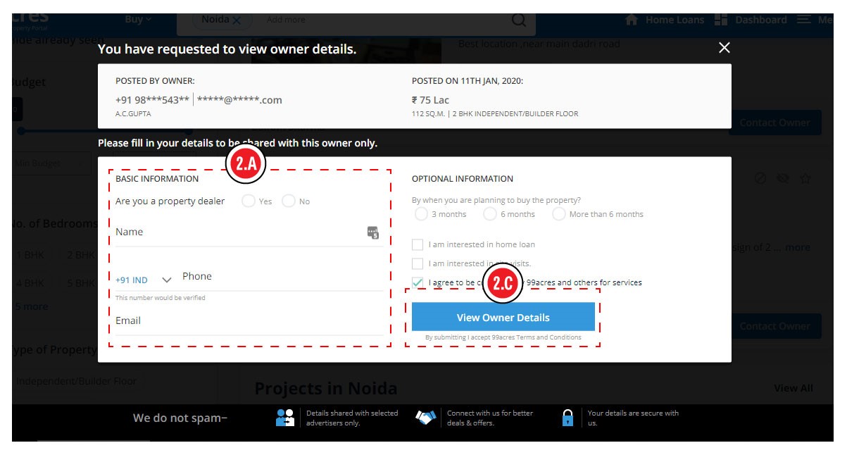 How do I contact a property owner/seller on 99acres? - FAQ